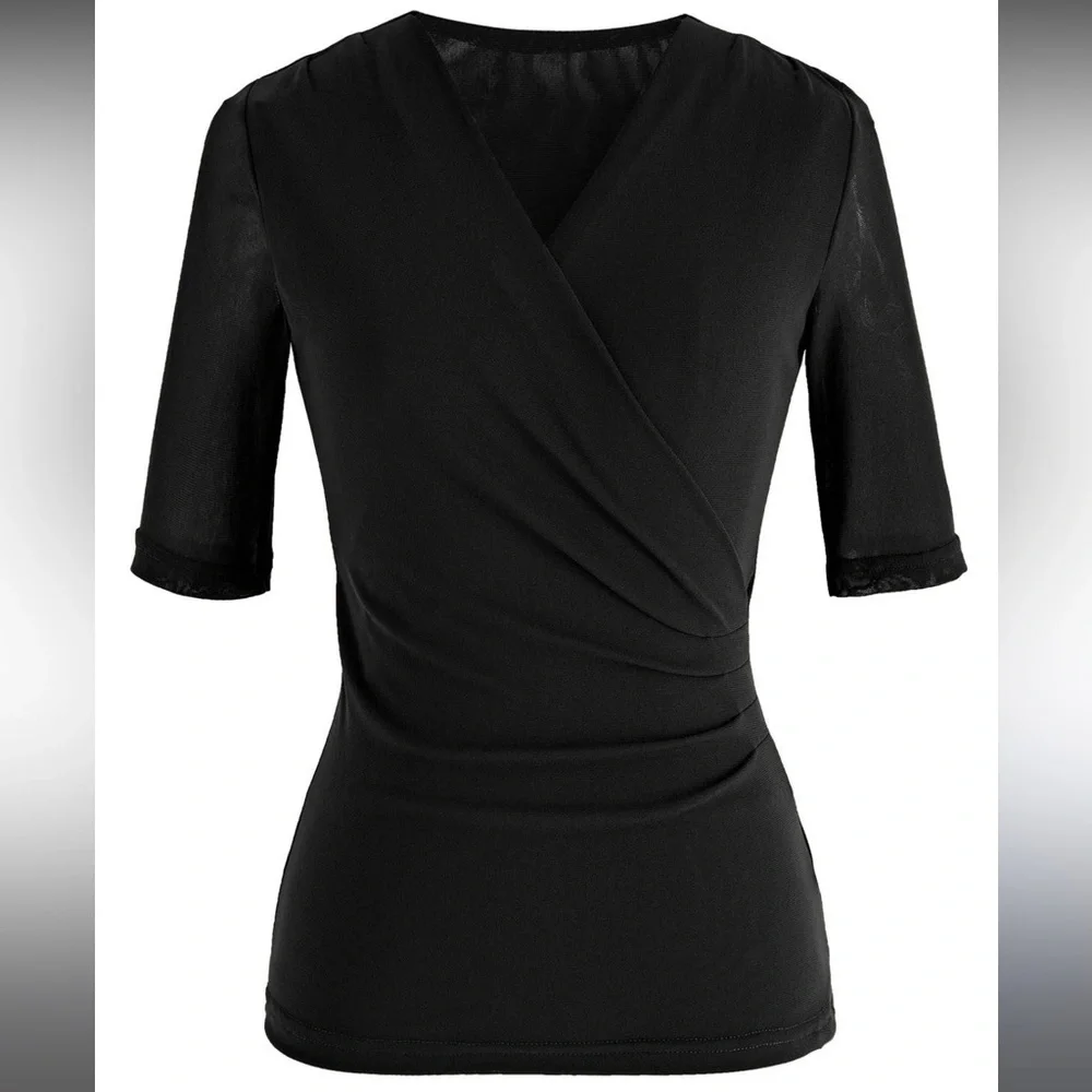 Chicwish | Tops | N Faux Wrap Soft Mesh Elbow Sleeve Top In Black ...